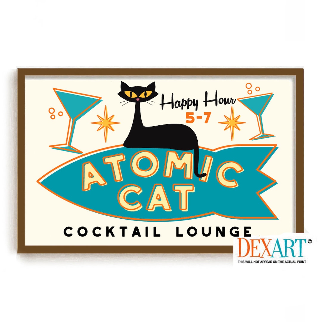 Mid Century Modern Atomic Cocktail Bar Wall Art, Black Cat Art Print ...