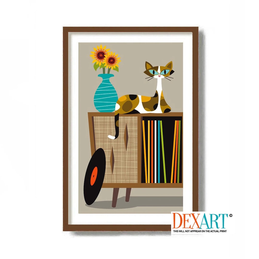 Calico Cat Art Print, Mid Century Modern Wall Art, Retro Sideboard ...