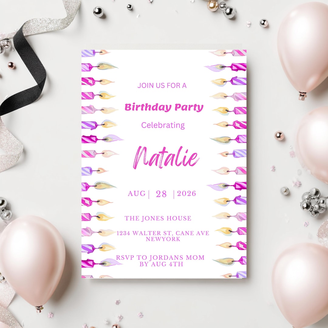Editable Canva Birthday Invitation, Pink Candle Party Design, Printable ...