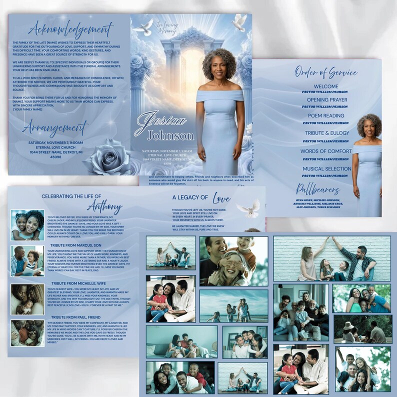 Sky Blue 8 Pages Funeral Program Template, in Loving Memory, Obituary ...