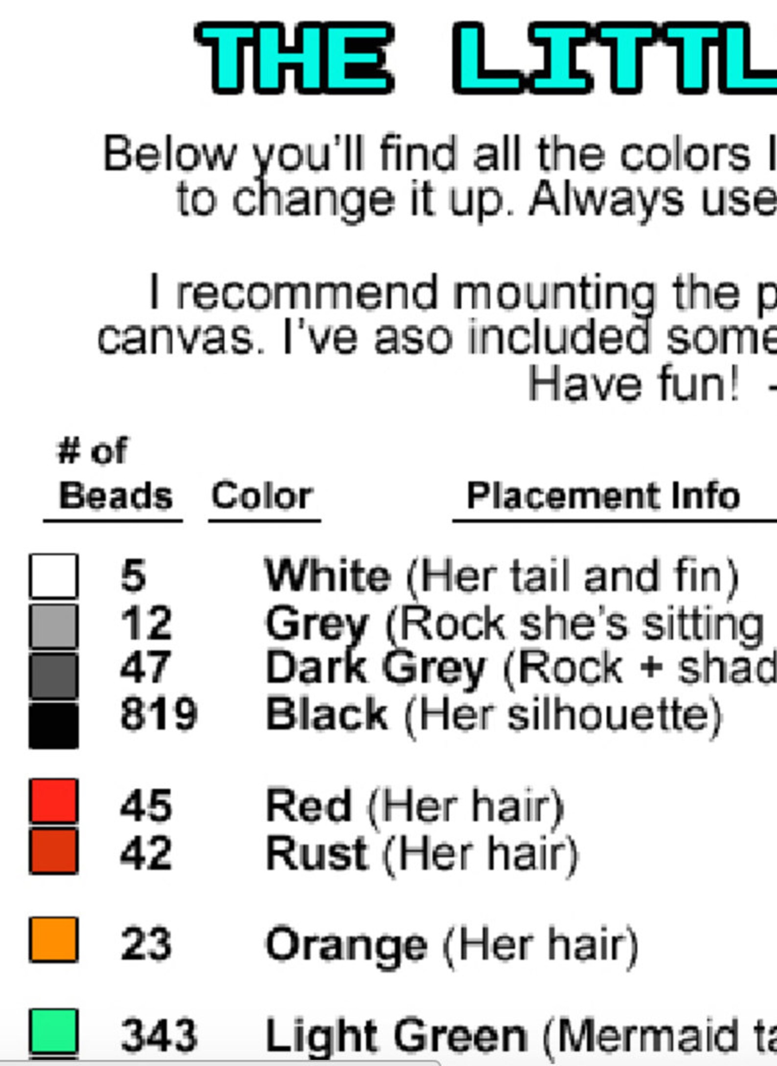 The Little Mermaid Pixel Pattern - Perler Beads - Cross Stitch ...