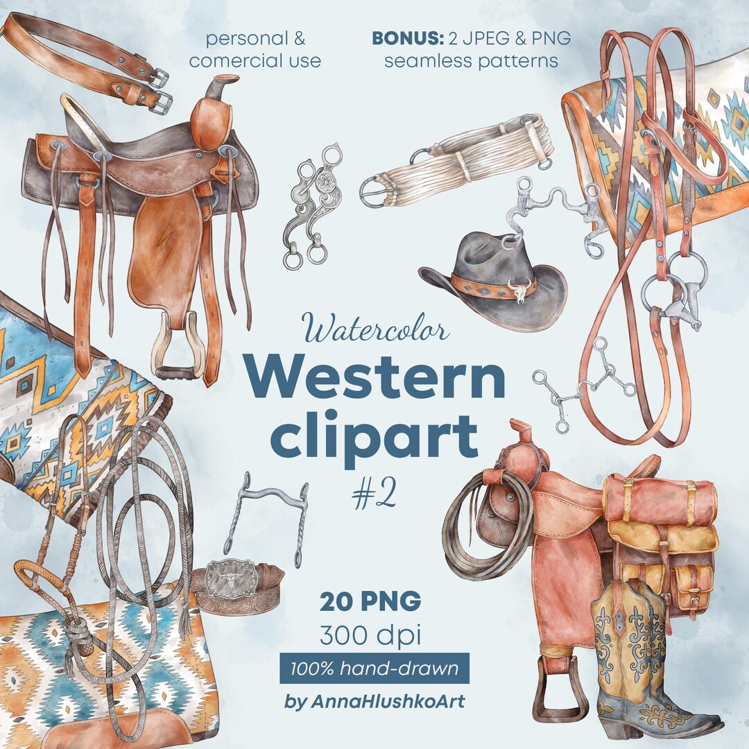 Western Clipart Set | Hand-drawn Cowboy Png Bundle | Watercolor Trail ...