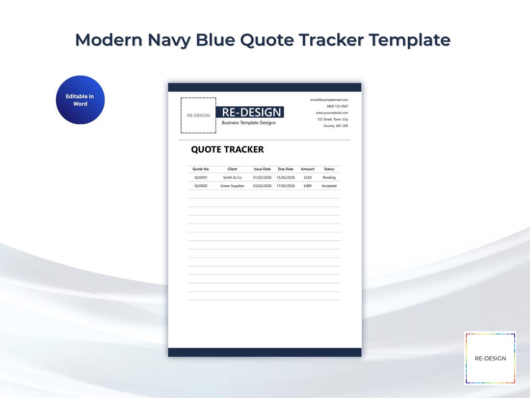 Navy Blue Quote Tracker Template – Modern Professional Design (A4, Word ...