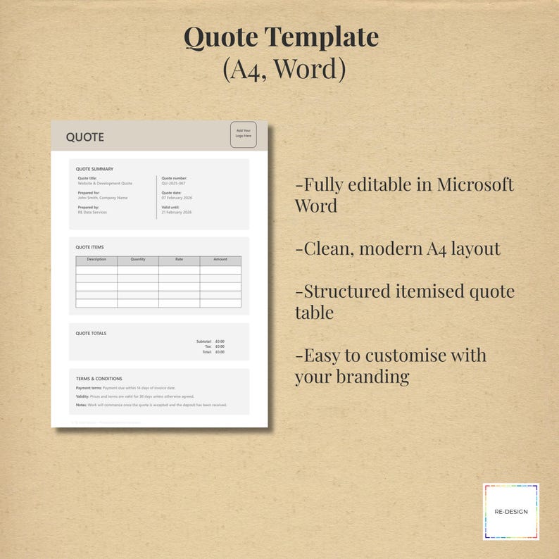 Beige Quote Template | A4 Editable Word Document | Professional Company ...