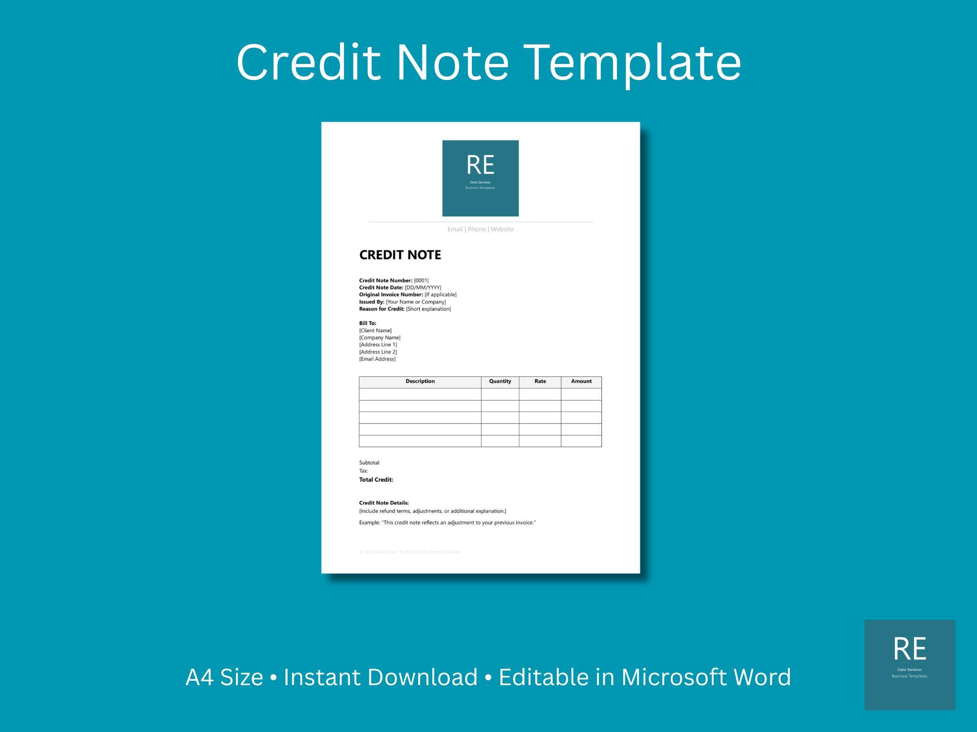 Editable Credit Note Template | A4 Word Document (digital Download) - Etsy