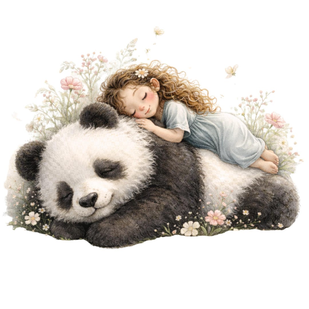 Kids Clipart PNG Bundle – Curly Hair Girl & Panda, Watercolor Nursery ...