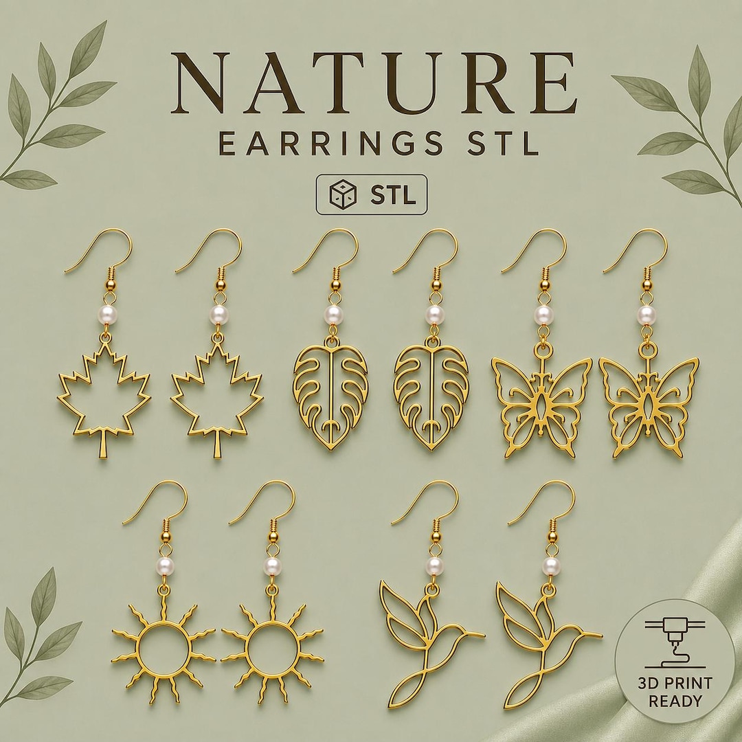 Nature Earrings STL Bundle | Leaf Butterfly Sun Bird Earrings | 3D ...