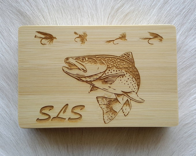 Fly Box. Sports Fishing Fly Case.. Bamboo Wood Design With Engrave Fish ...