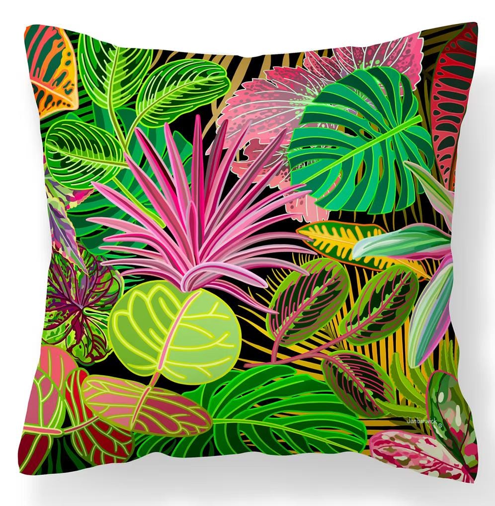 Jungle Fever on Jet Tropical Throw Pillow by Jan Barwick - Etsy