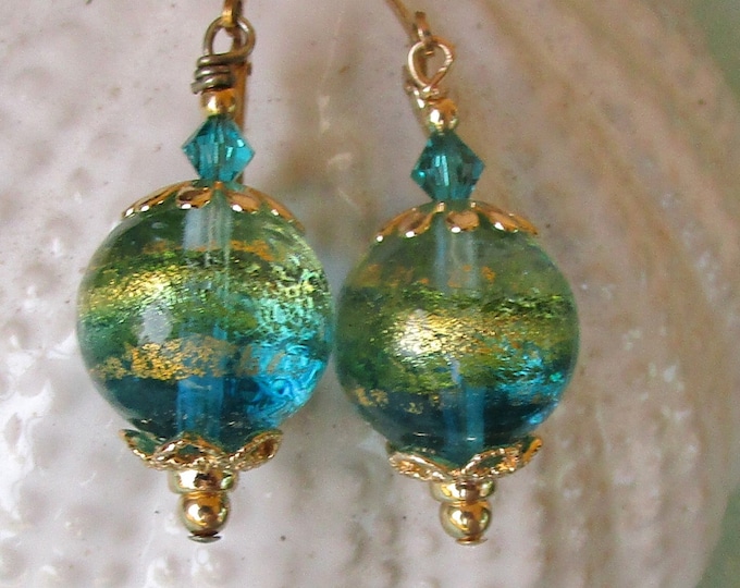 Bright Aqua W Gold Murano Round Earrings on Gold Filled Lever Backs ...