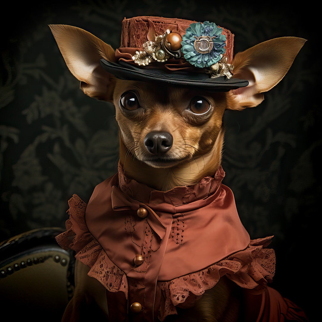 Female Stag Red Miniature Pinscher Dressed in Victorian Finery With ...