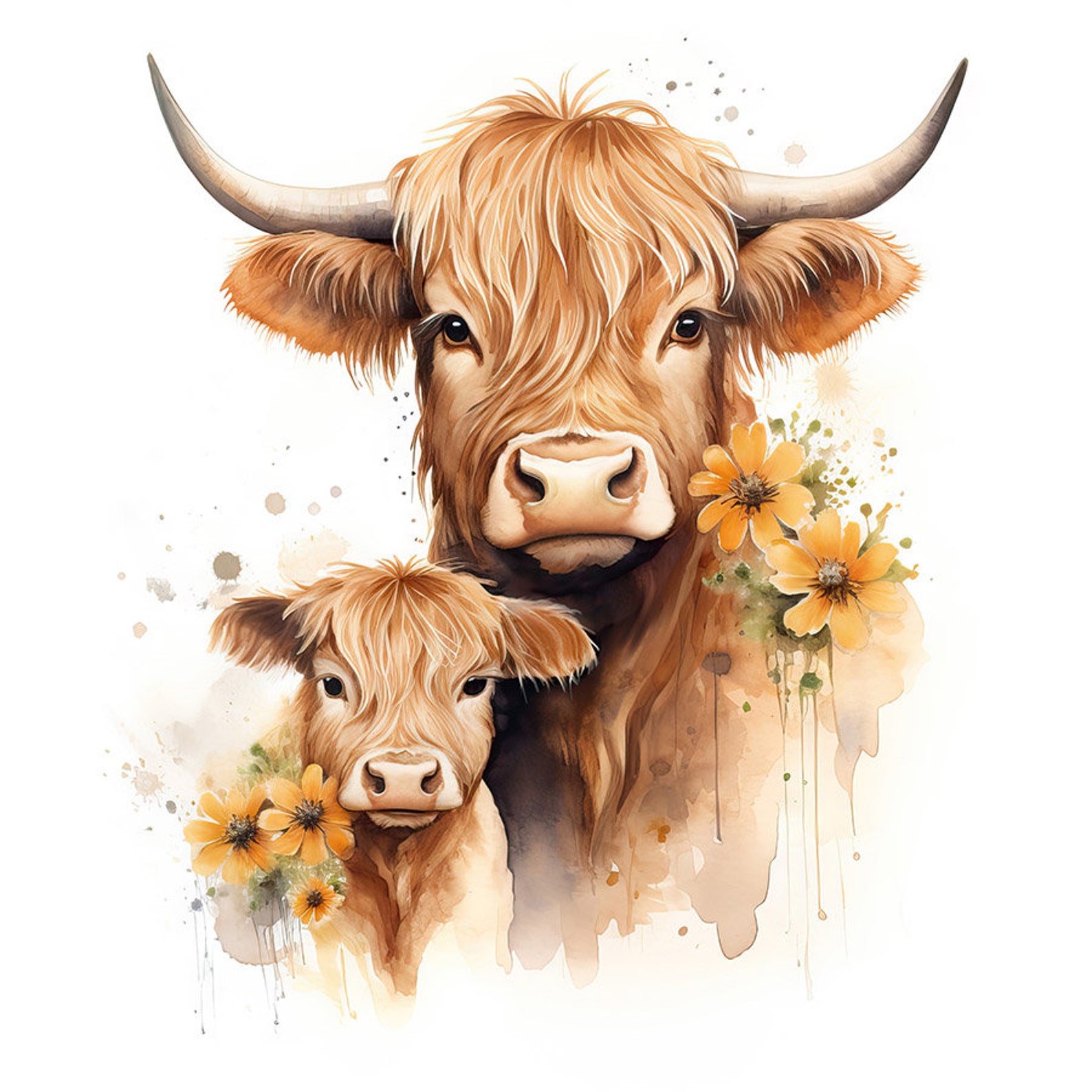 Cute Scottish Highland Cow and Calf Digital Watercolor Printable - Etsy
