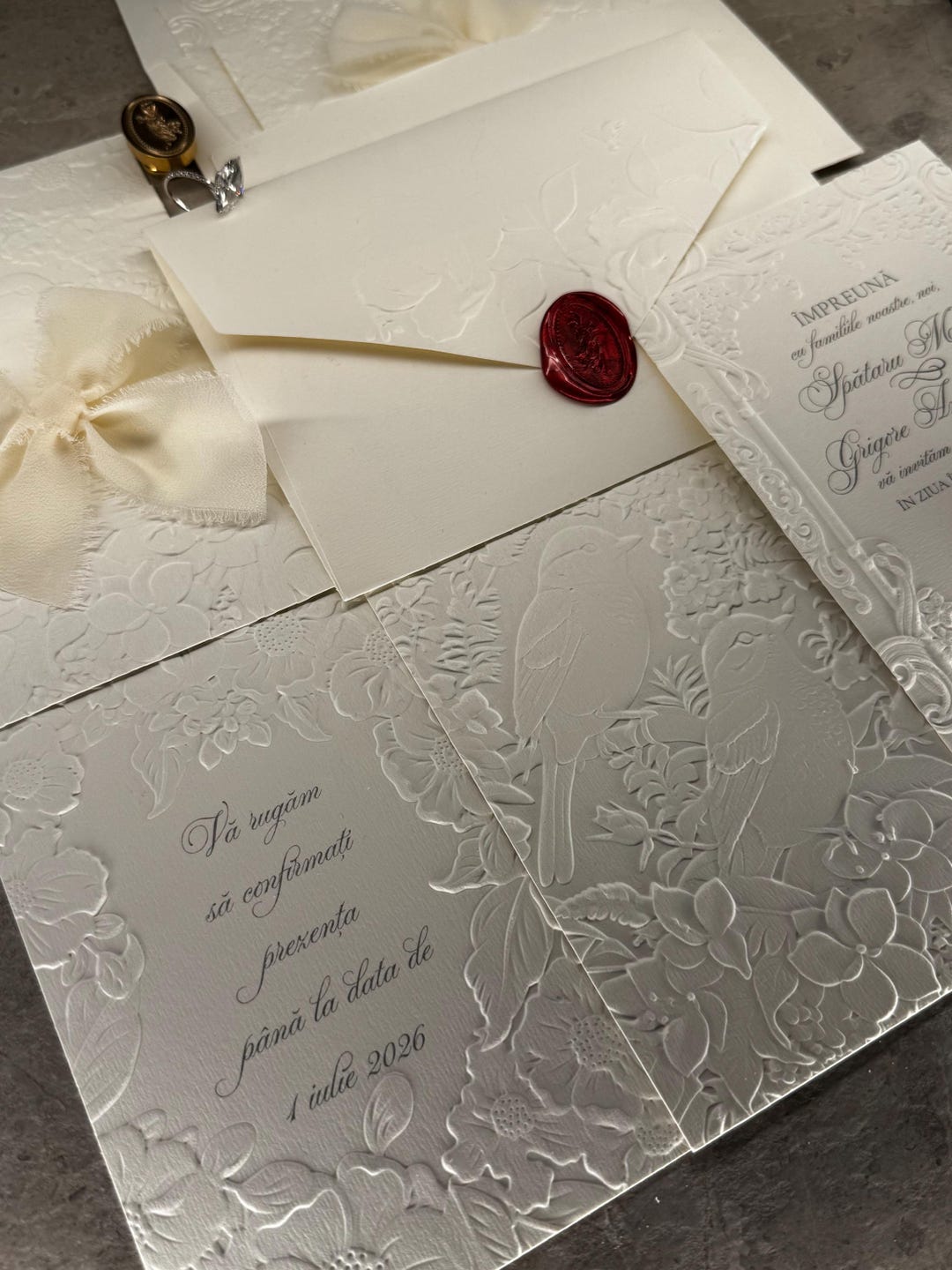 Luxury Embossed Wedding Invitation Suite With Wax Seal and Silk Ribbon ...
