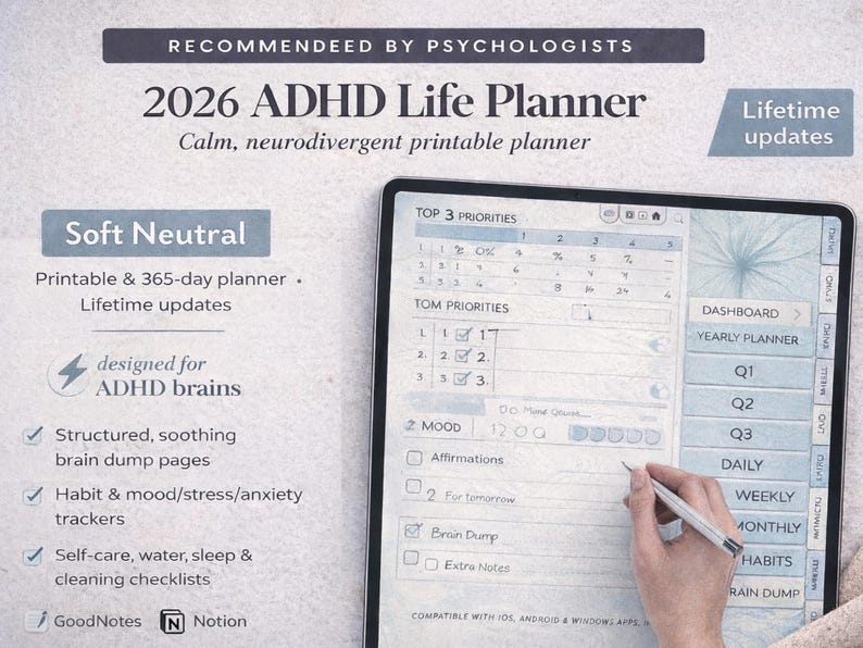 2026 ADHD Digital Planner, Undated Daily, Weekly, Monthly, Goals, Habit ...