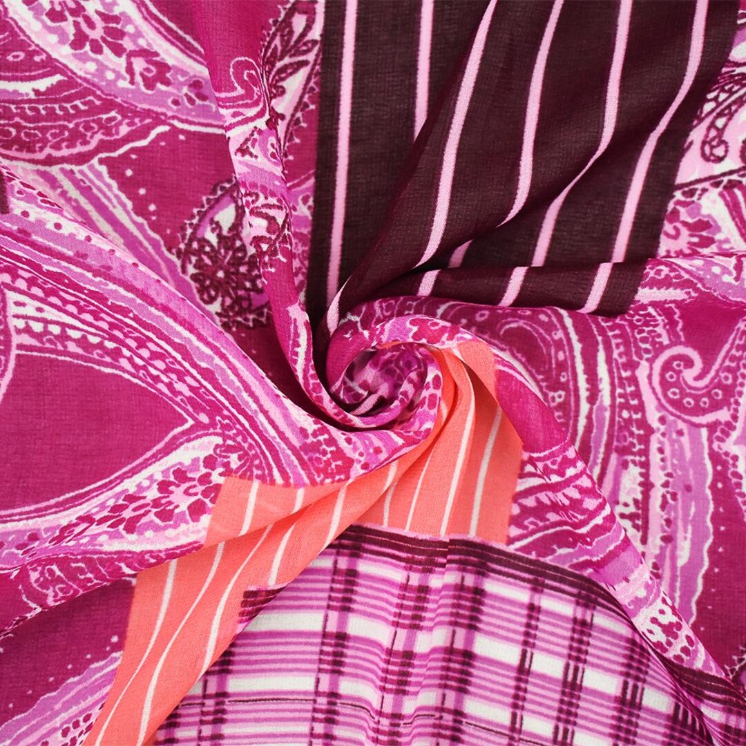 Fuchsia Pink-coral-multi Patch Paisley Printed Poly Chiffon Woven ...