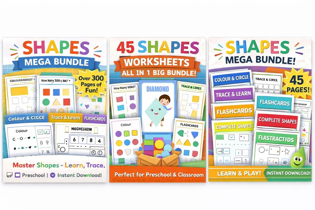 Shapes Worksheet Bundle, Geometry Activities, Flashcards (printable PDF ...
