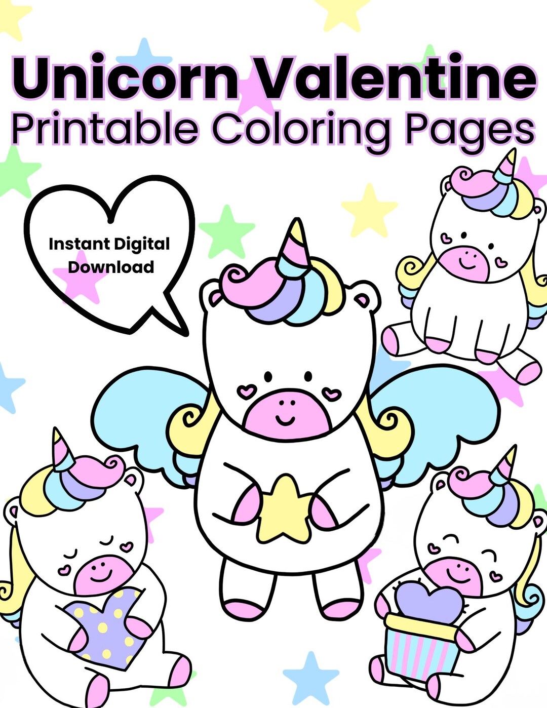 Unicorn Valentine Coloring Pages for Kids | Printable Activity (digital ...
