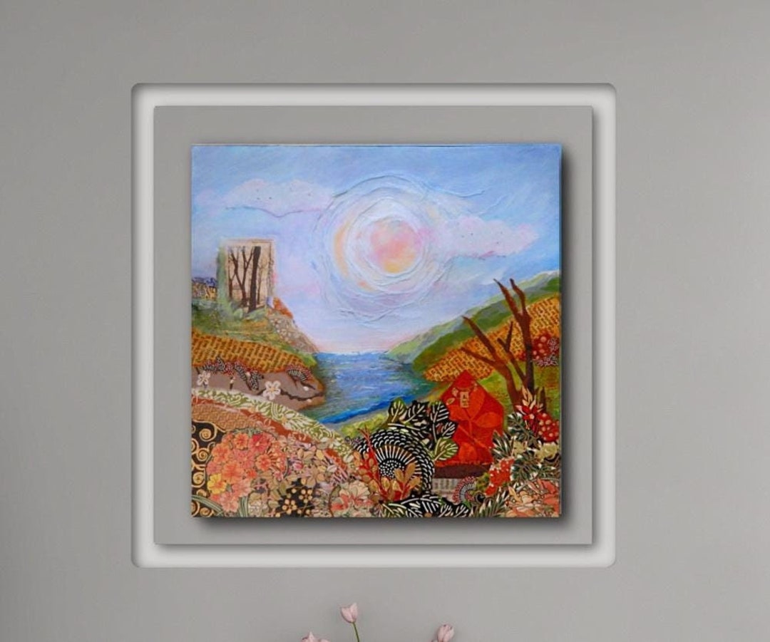 Contemporary Primitive Collage, Whimsical Landscape, Mixed Media ...