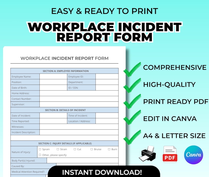 Printable Editable Workplace Incident Report Form | Employee Accident ...