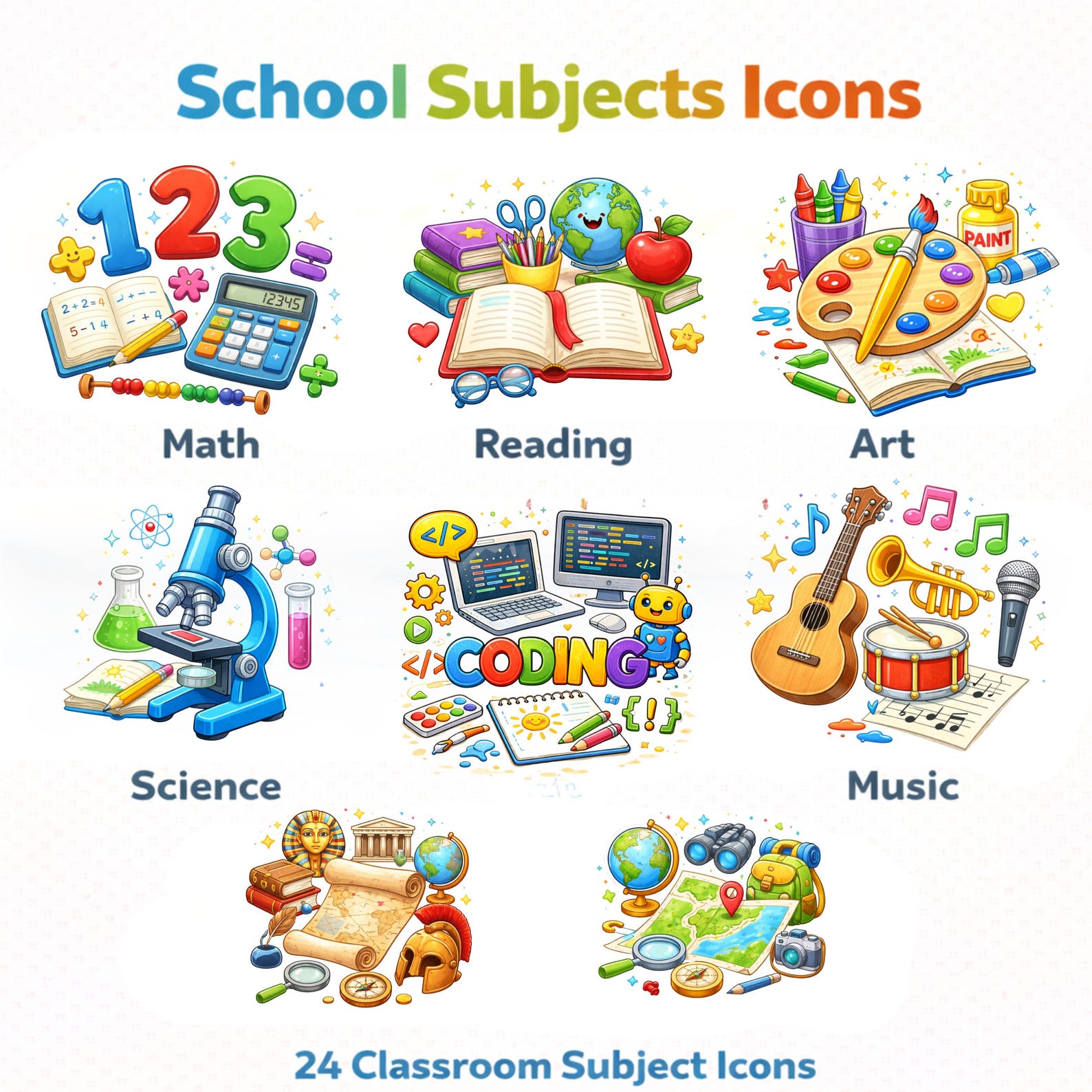 School Subjects Icons | 24 Classroom Subject Clipart | Math, Reading ...