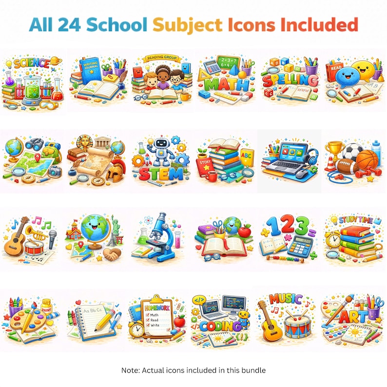 School Subjects Icons | 24 Classroom Subject Clipart | Math, Reading ...