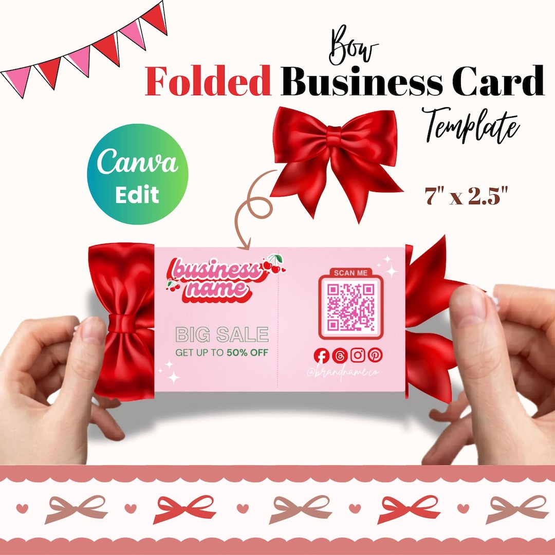 Red Bow Folded Business Card Template | Canva Editable (instant ...