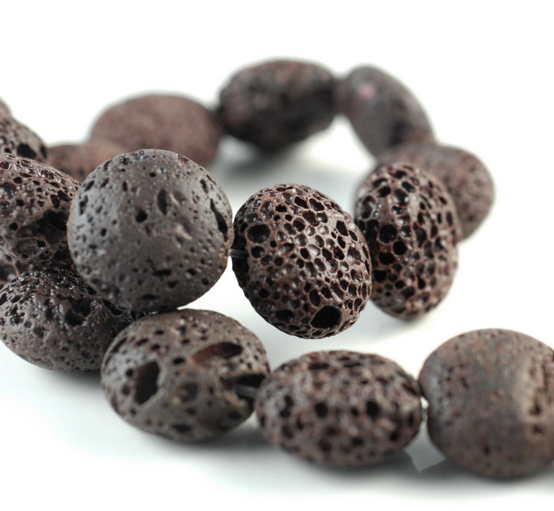 16mm Brown Volcanic Lava Gemstone Flat Round Button Loose Beads 15.5 ...