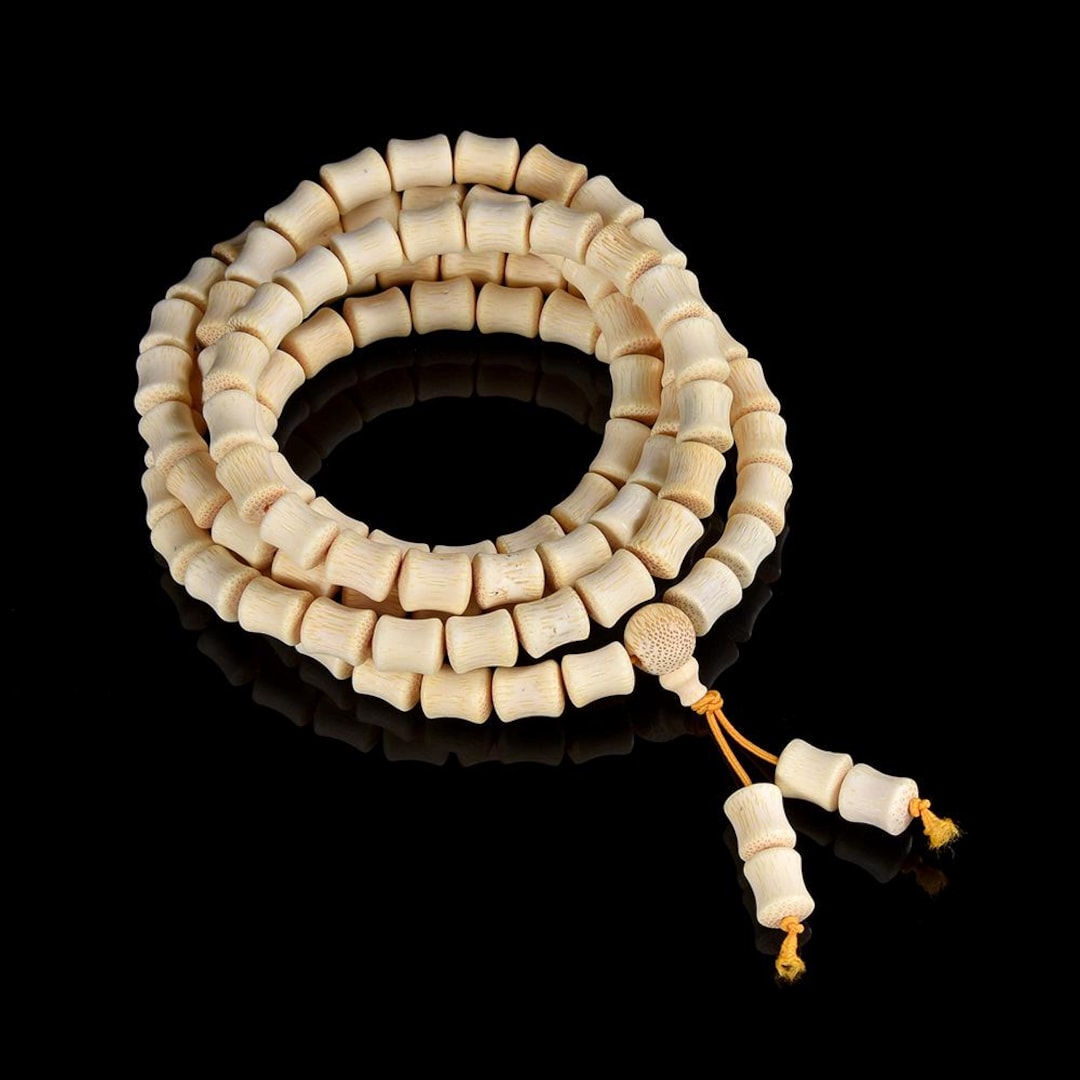 108PCS Natural White Golden Bamboo Prayer Buddha Mala Meditation Beads ...