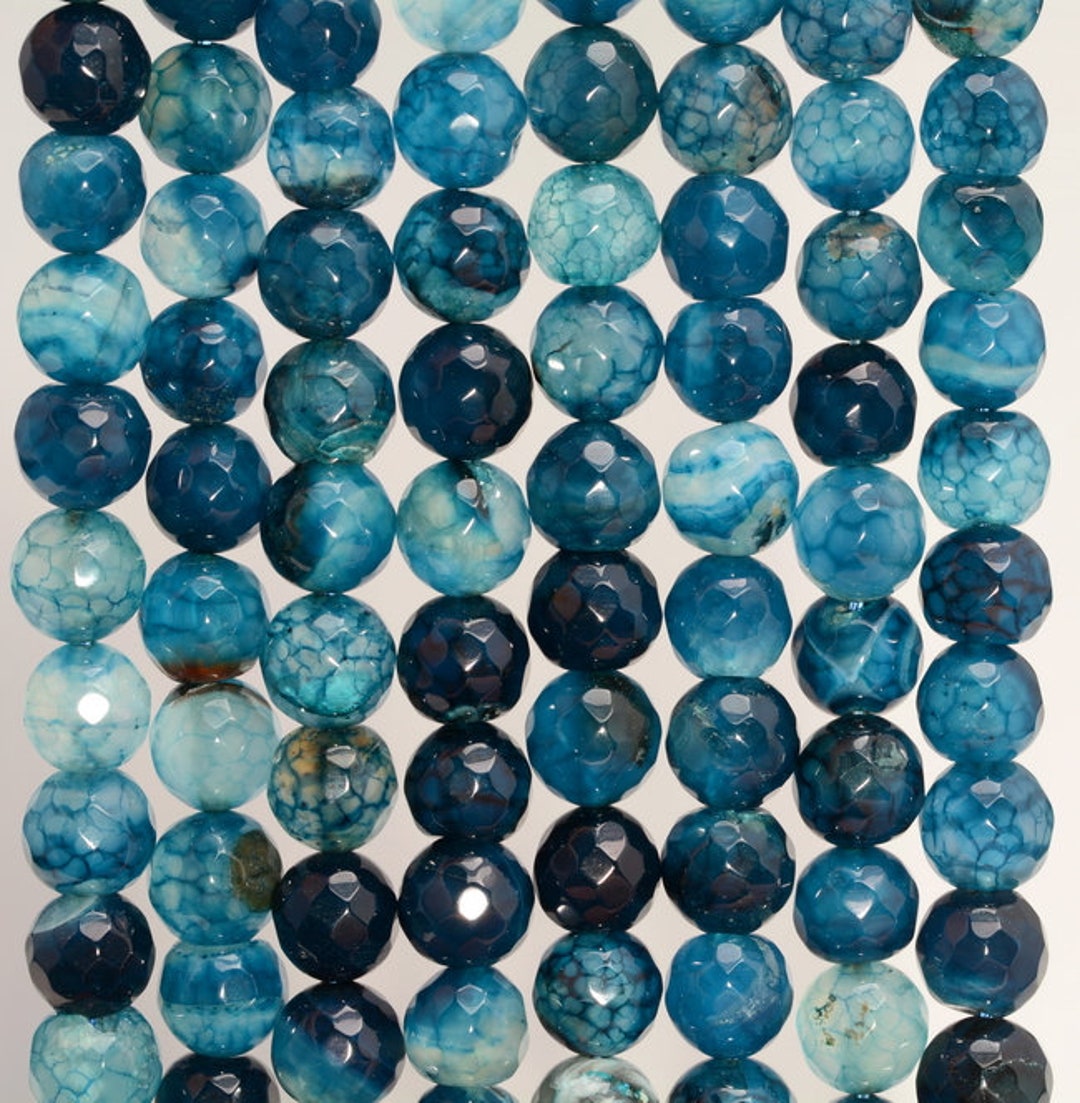 8MM Dark Blue Dragon Vein Agate Gemstone Faceted Round Loose Beads 14.5 ...