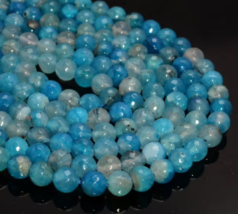 10MM Light Blue Dragon Vein Agate Gemstone Faceted Round Loose Beads 14 ...