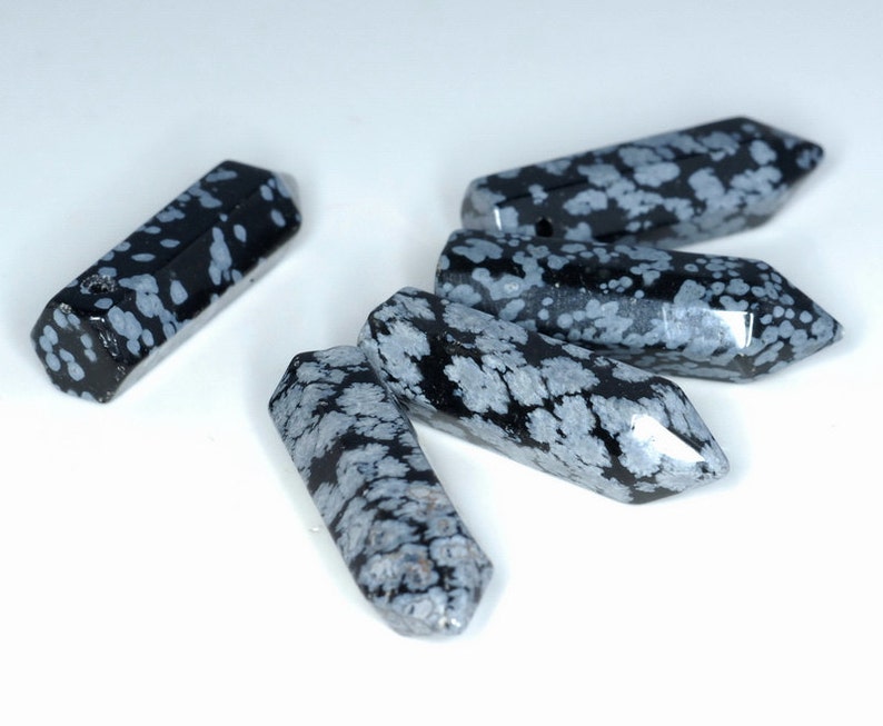 31x8mm Snowflake Obsidian Gemstone Point Healing Chakra Hexagonal Point ...