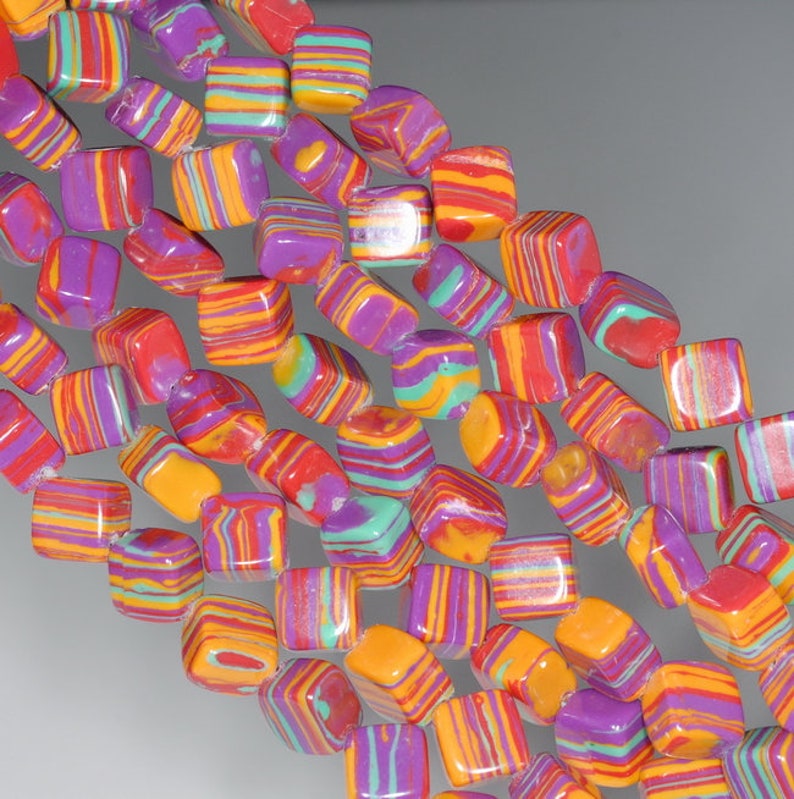 9MM Rainbow Matrix Turquoise Gemstone Square Cube Diagonal Loose Beads ...