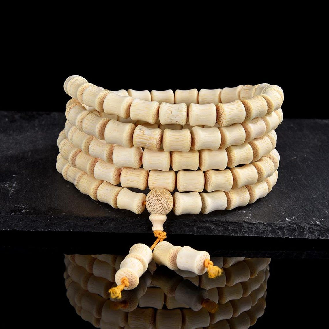 108PCS Natural White Golden Bamboo Prayer Buddha Mala Meditation Beads ...