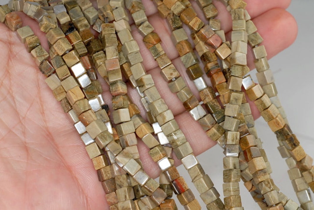 4MM Silver Leaf Jasper Gemstone Square Cube Loose Beads 15.5 Inch Full ...
