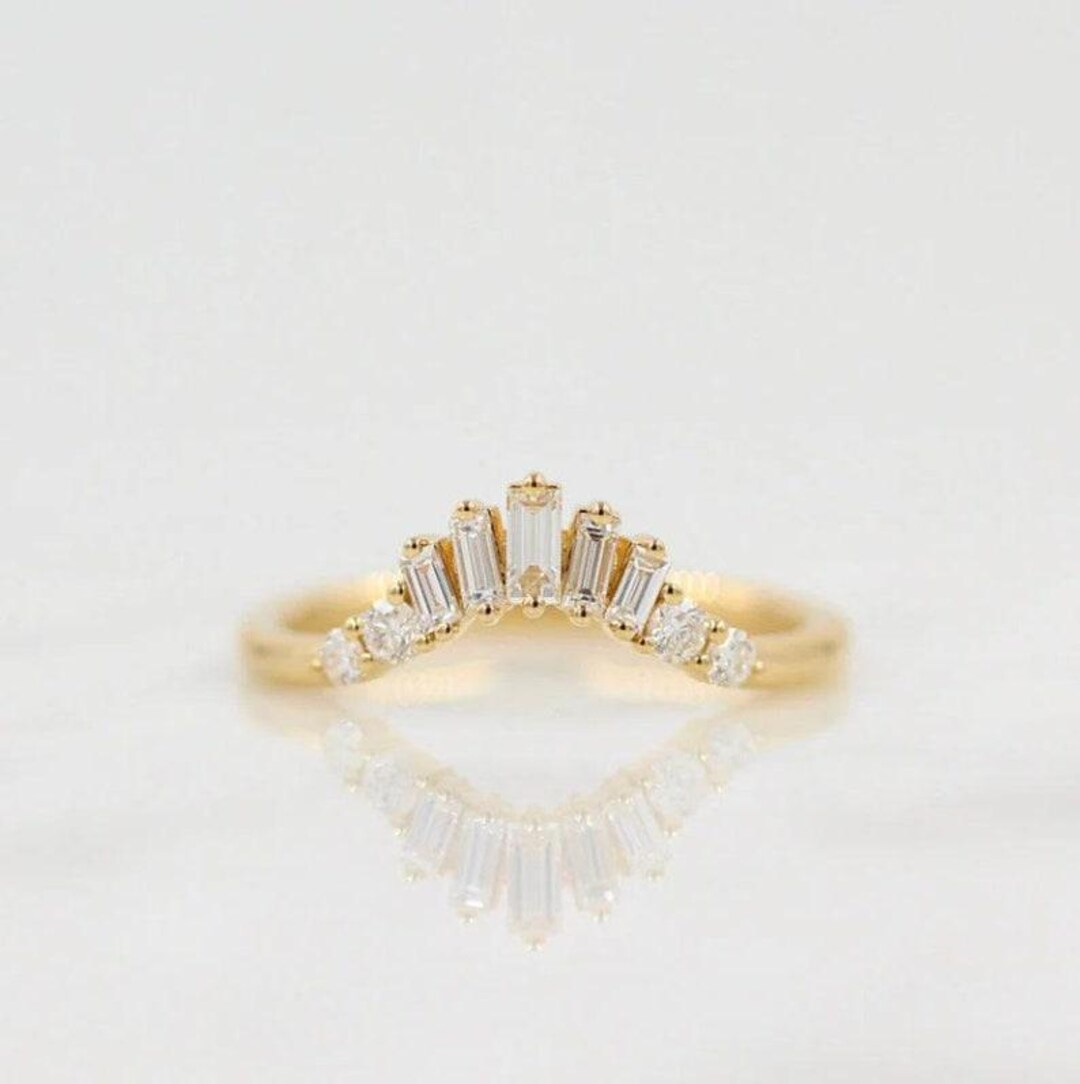Sunburst Stacking Ring, Curved Wedding Band, Moissanite Diamond Dainty ...