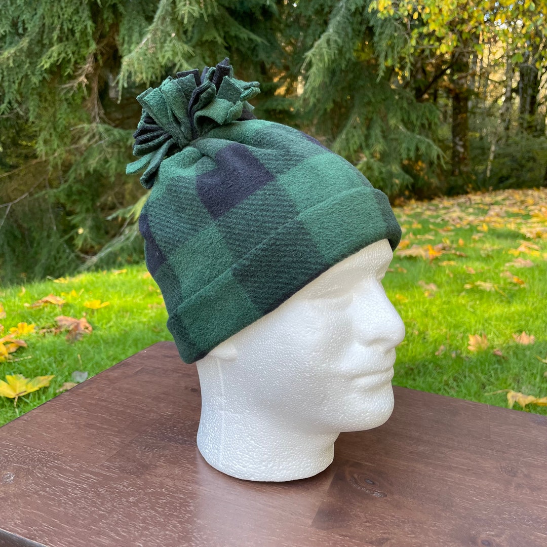 Fleece Hat//green and Black Buffalo Check Hat//winter Hat//warm Fleece ...