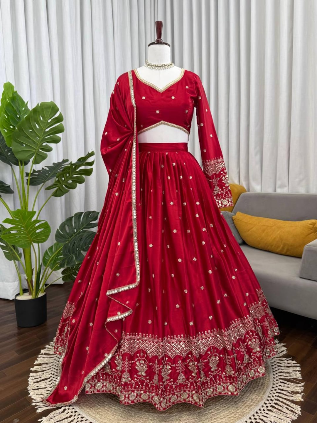 Japan Satin Lehenga Choli: Elegant Deep Red Embroidery - Heavy Flair ...