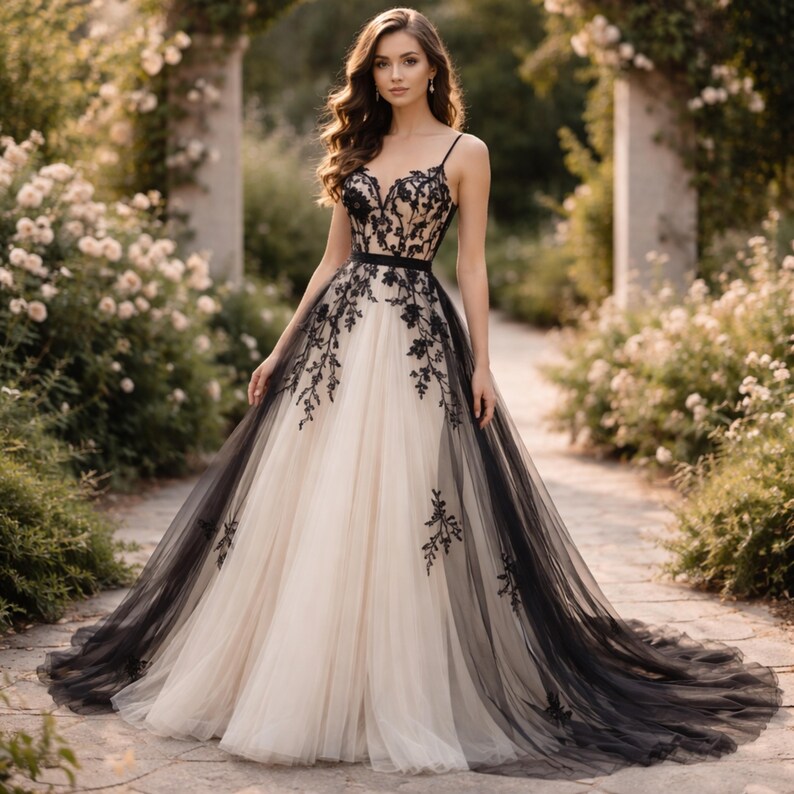 Black Lace Boho Evening Dress – Sheer Tulle Romantic A Line Gown for ...