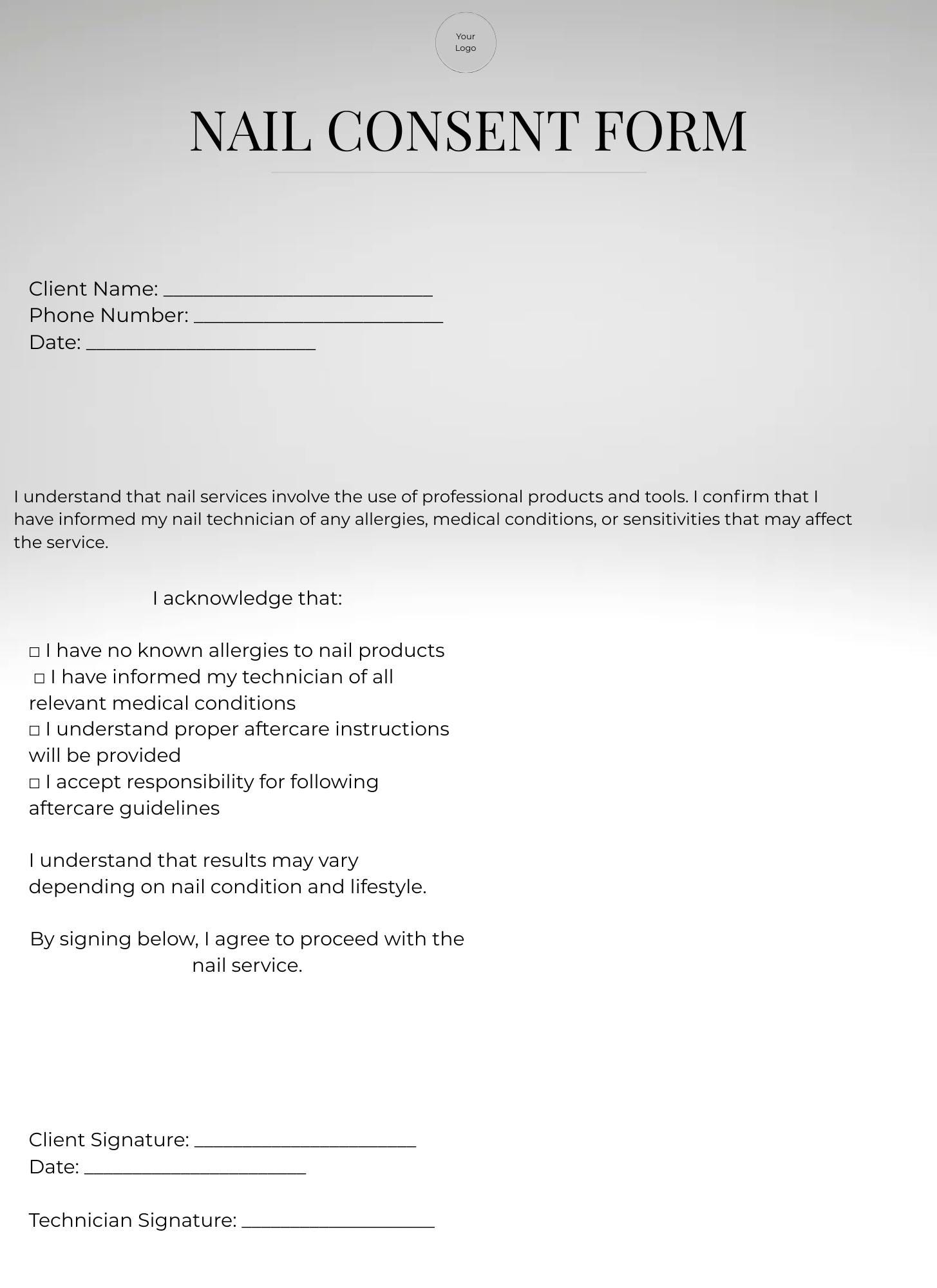 Nail Salon Consent Form Template, Editable Client Waiver (PDF) - Etsy