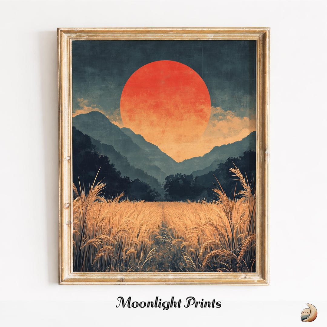 Japanese Landscape Print - Ukiyo-e Red Sun, Autumn Countryside (digital ...