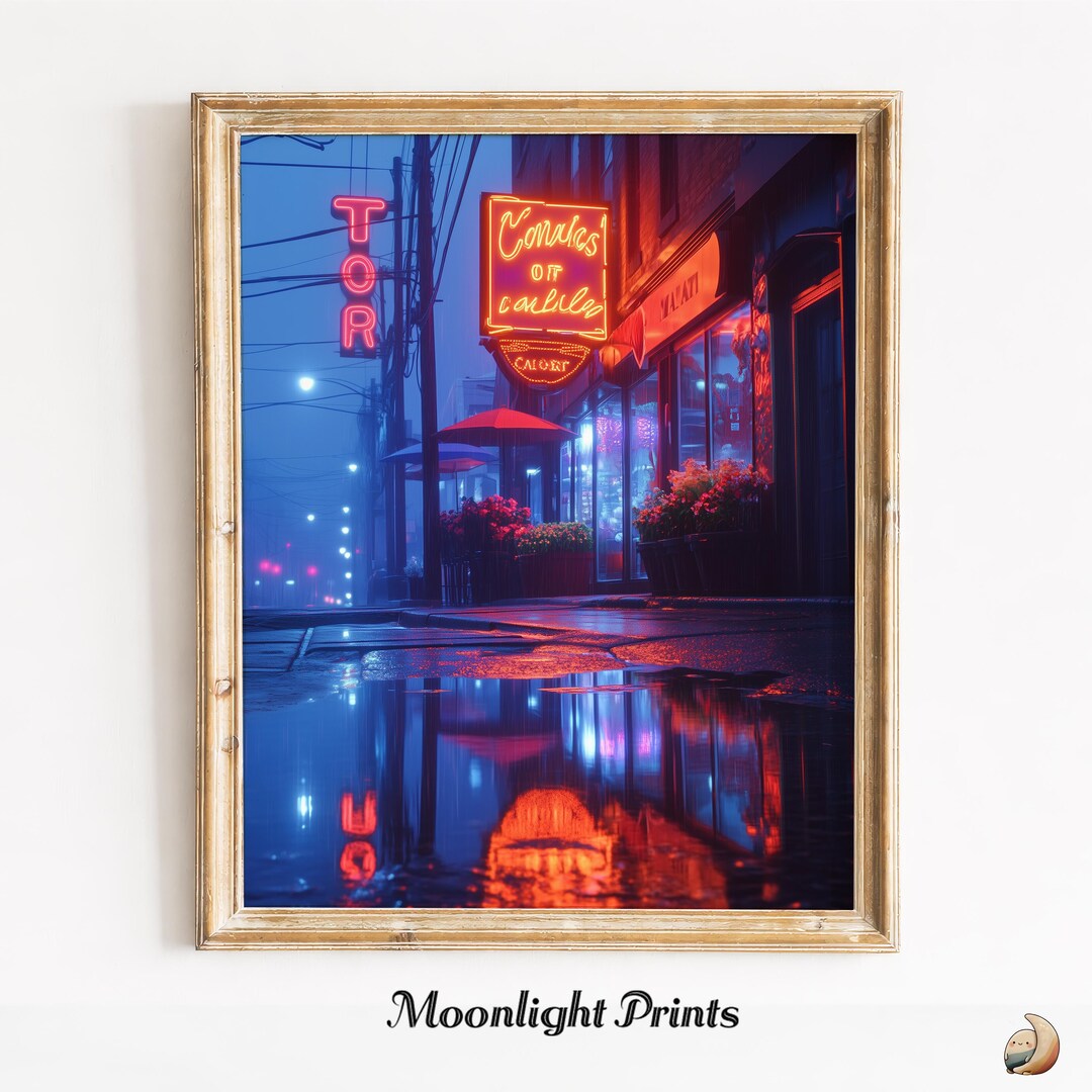 Moody Printable Street Corner Flower Shop - Neon Night Scene, Urban ...