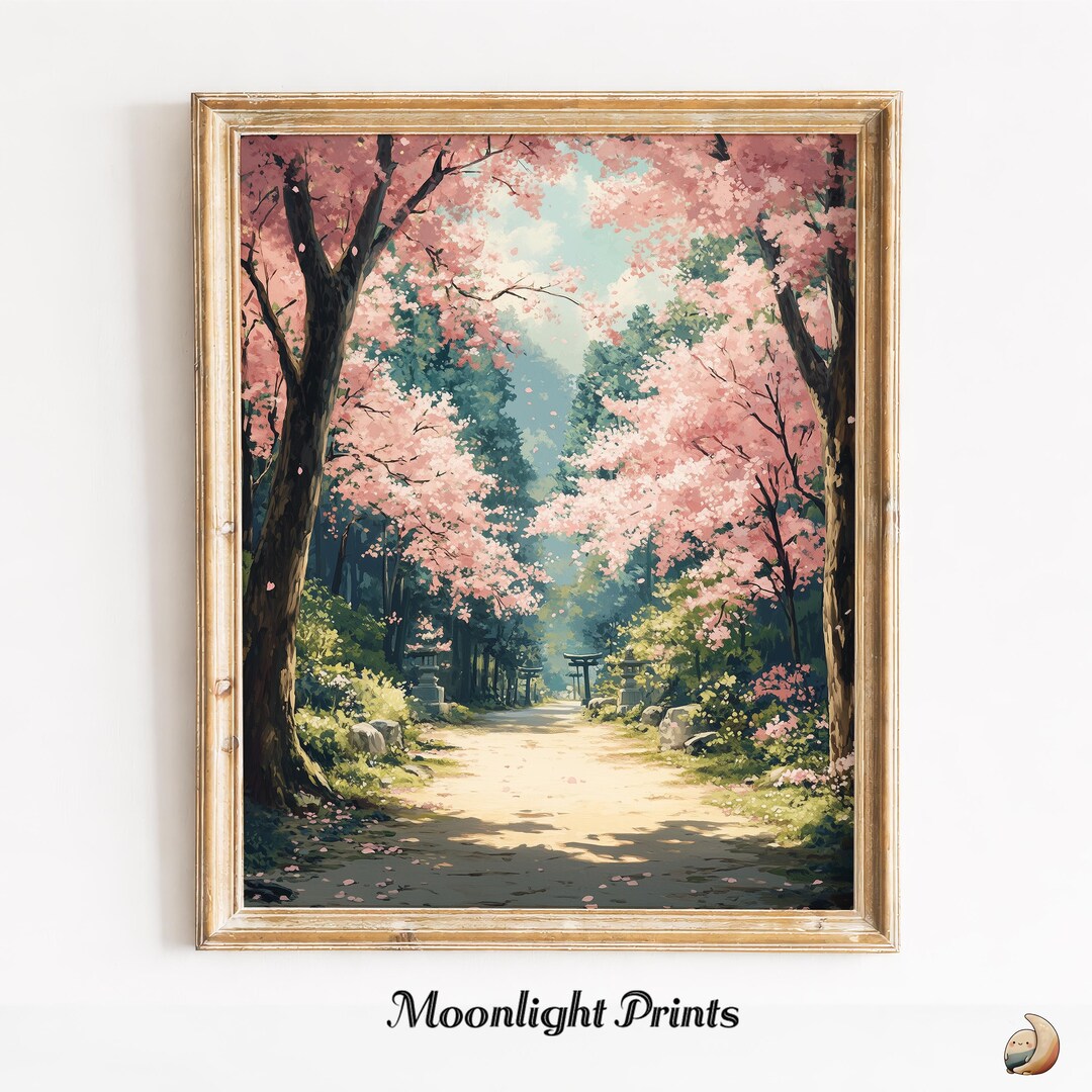 Sakura Forest Print - Japanese Shrine Art, Spring Landscape (digital ...