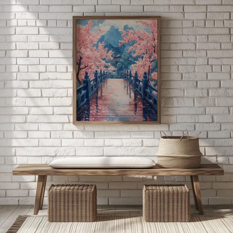 Ukiyo-e Cherry Blossom Bridge Print - Vintage Japanese Garden Art ...