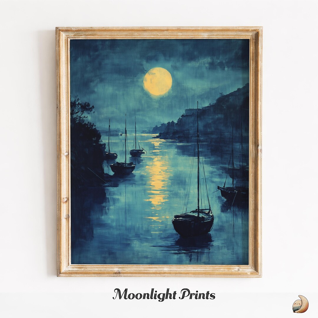 Moody Moonlit Harbor Printable - Vintage Ukiyo-e Inspired Nocturnal ...