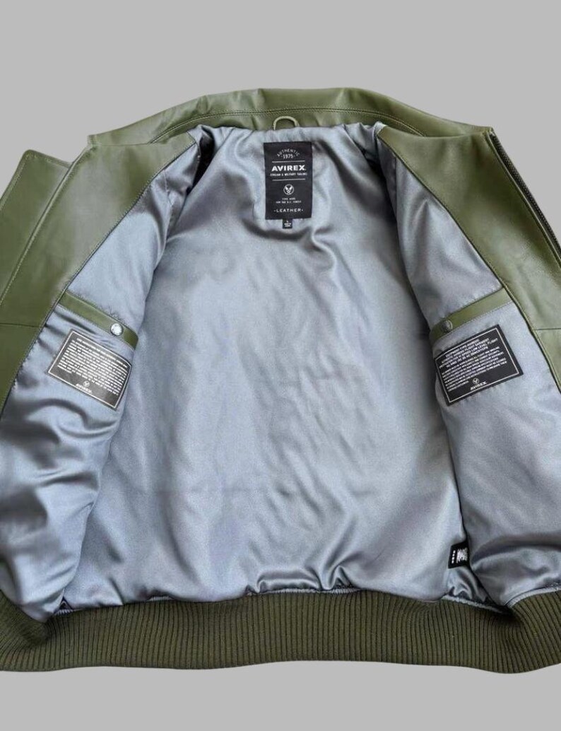 Mens Avirex Icon Olive Green Leather Bomber Jacket - Genuine Cowhide ...