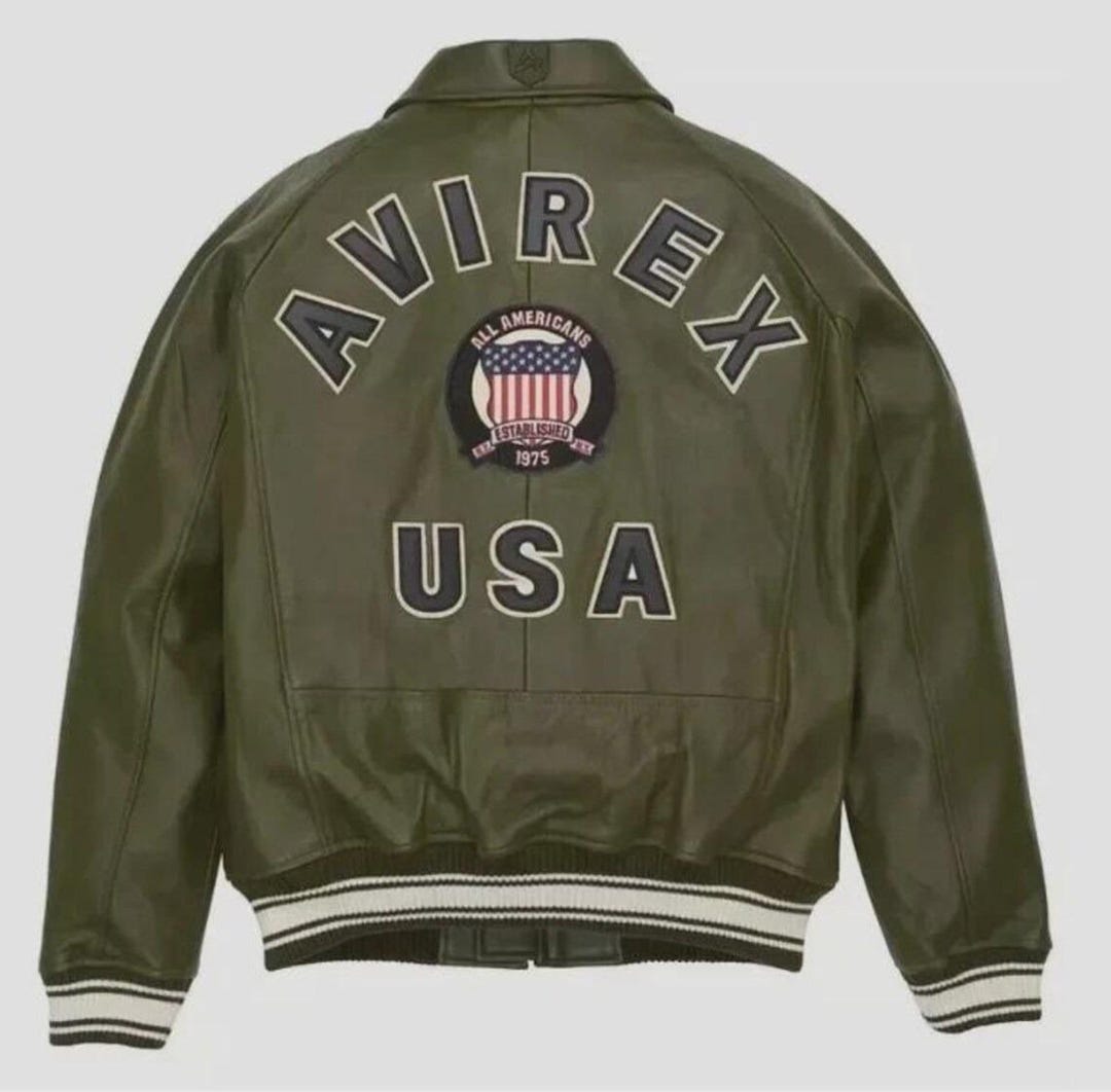 Mens Avirex Icon Olive Green Leather Bomber Jacket - Genuine Cowhide ...