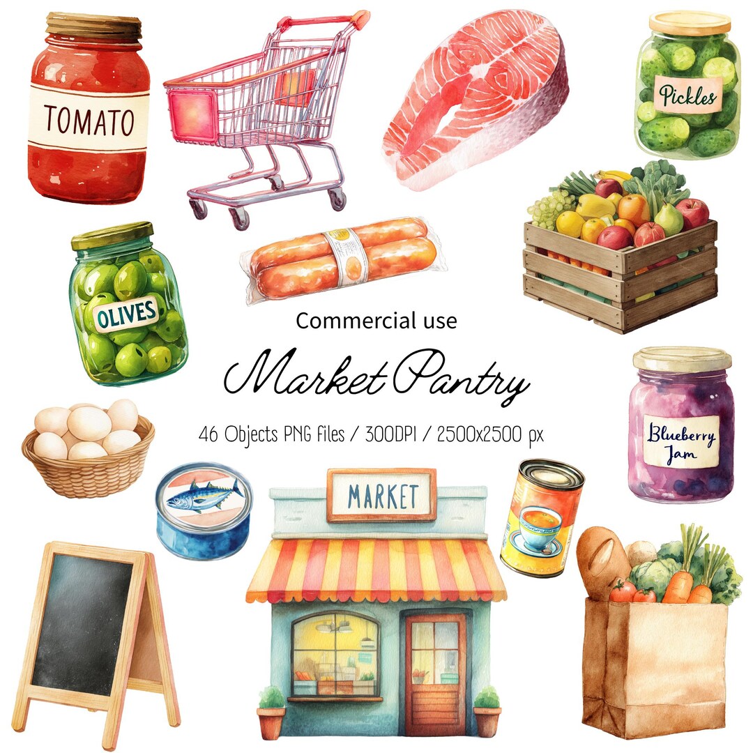 Grocery Clipart, Watercolor Market Food PNG, Pantry Items Clipart ...