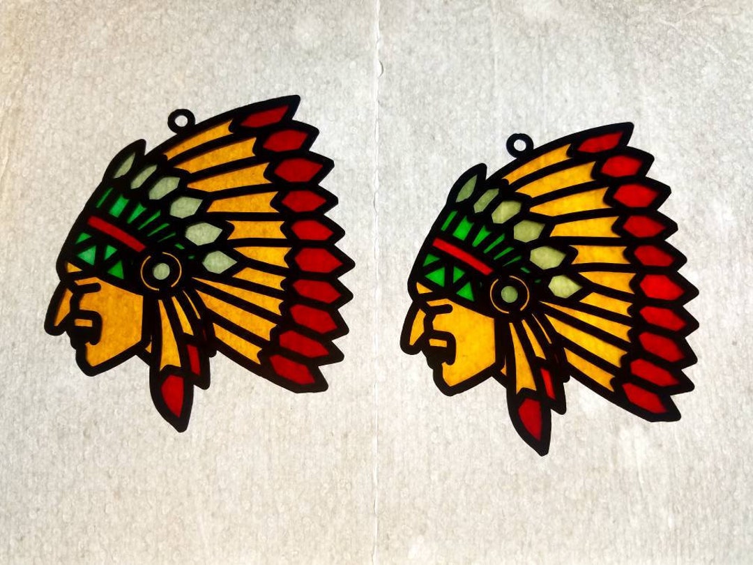 1 Native American Vintage Stained Glass & Metal Sun Catcher Chief Head ...