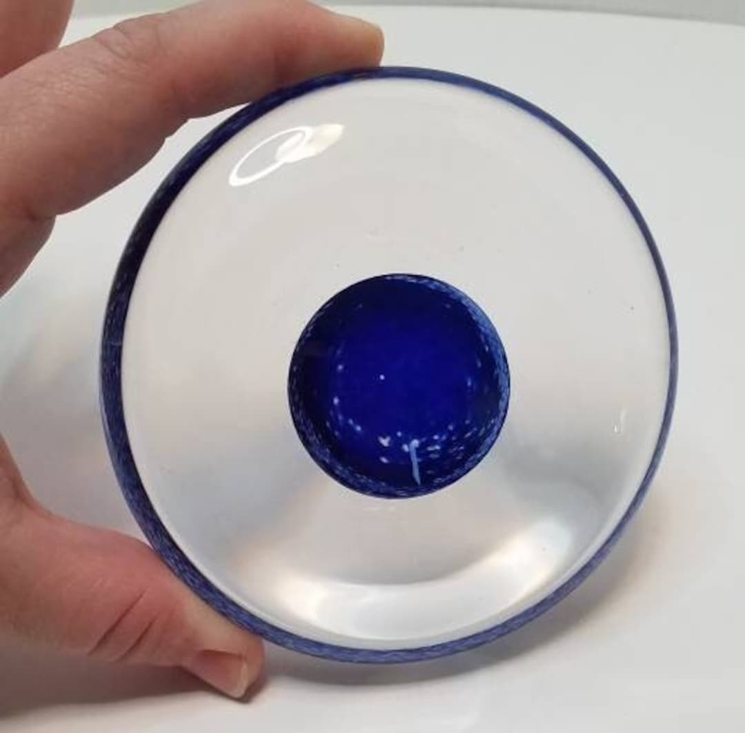 Jon Silverman Art Glass Paperweight Hand Blown Clear and Cobalt Blue ...