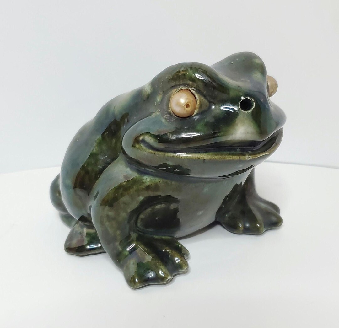 Vintage Atlantic Mold Green Ceramic Frog Lamp Beaded Eyes Open Nostrils ...